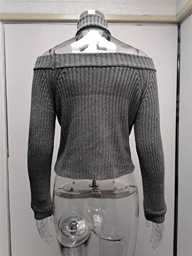Women's Cold Shoulder Halterneck Sweater Crossed V- Neck Crop Halter Knit Pullover Off Shoulder Long Sleeve Knitted Top (Grey,Medium)