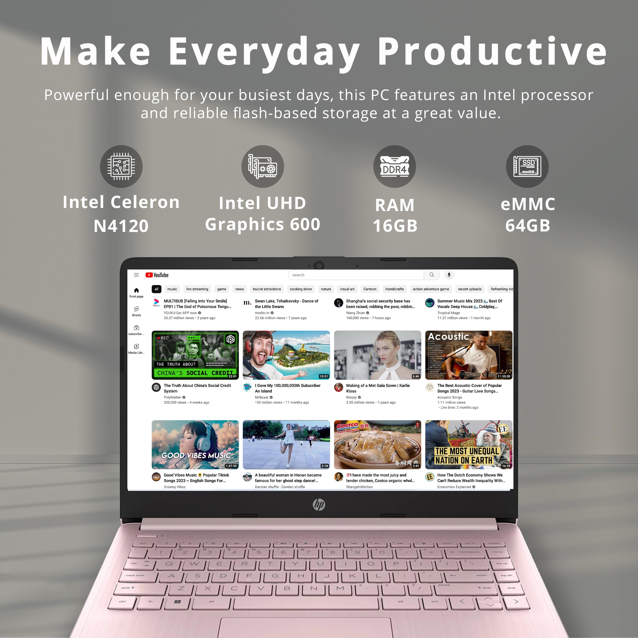HP Premium Stream 14" HD BrightView Laptop, Intel Celeron N4120, 16GB RAM, 64GB eMMC Storage, UHD Graphics, HD Webcam, 1 Year Office 365, Bluetooth, WiFi, HDMI, Win 11s, Pink, 32GB Hotface USB Card