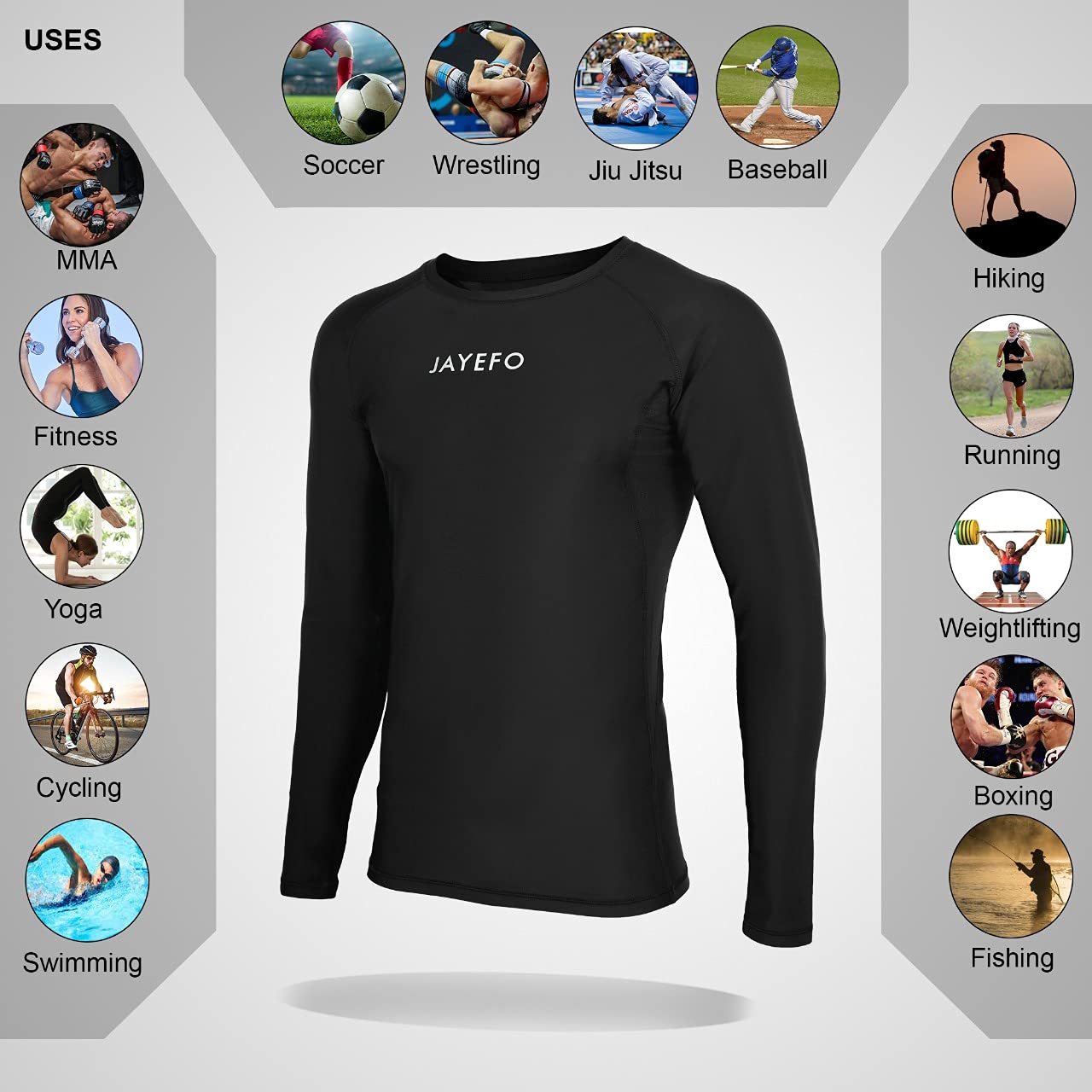 Jayefo Rash Guard Mens Full Sleeve Shirt for Workout, Gym, MMA, BJJ, Surfing, Kayaking - Athletic Men Compression Shirt for - Medium - Black