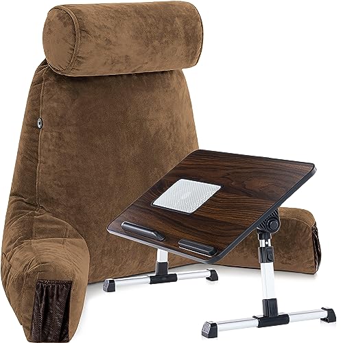 Husband Pillow Combo - Backrest Pillow with Arms : Medium Chocolate & Lap Desk Bed Tray : Brown - Memory Foam Reading Pillows for Bed w/Removable Neck Roll & Laptop Bed Tray Table