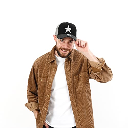 ililily Star Embroidery Black White Trucker Hat Cotton Baseball Cap, Olive, Medium