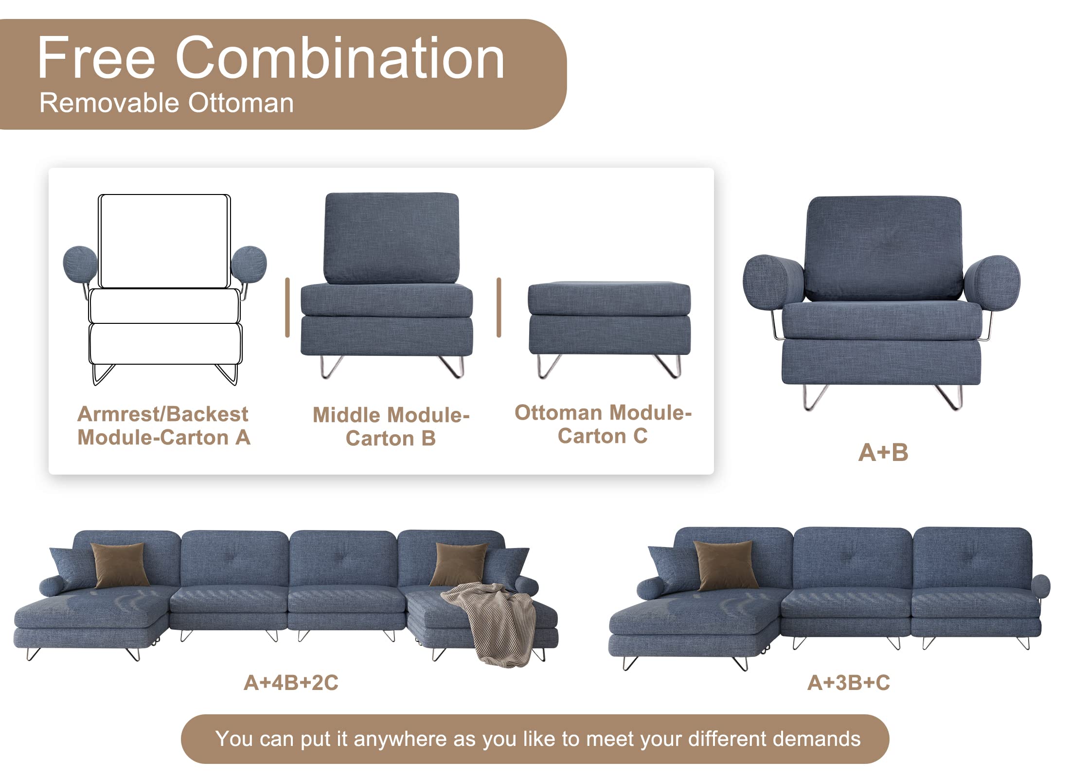 HOMERILLA Extra Deep Seat Sectional Couches for Living Room with Storage Modular Sofa with Ottoman Breathable Linen 6-Seats U Shaped Couch Blue