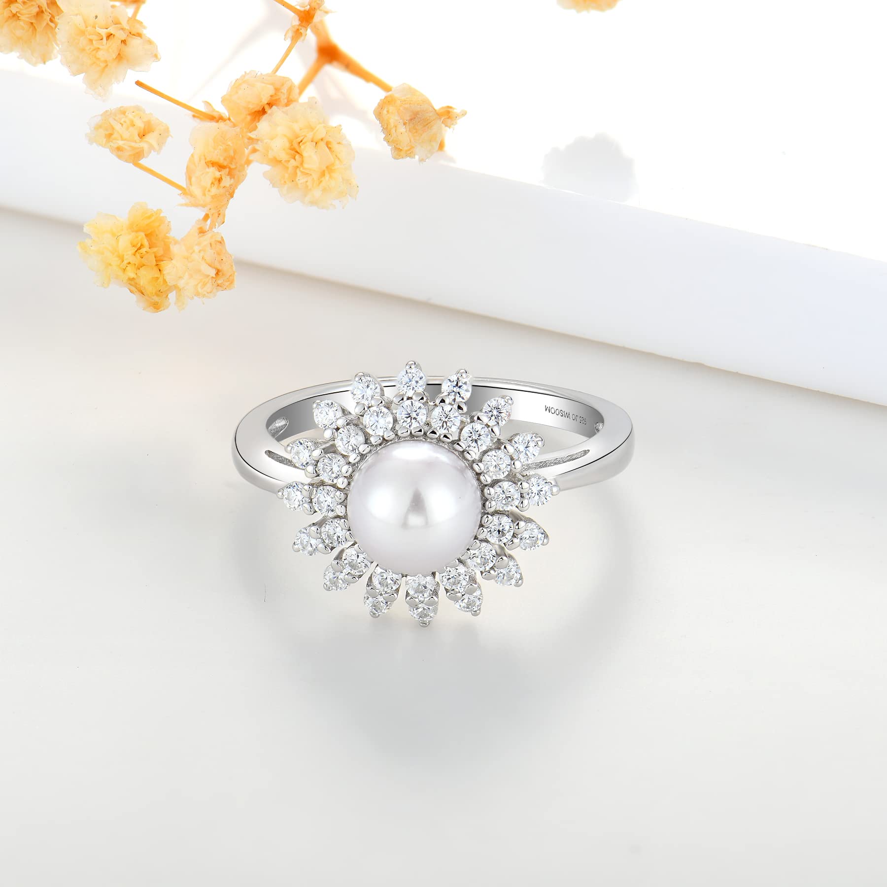 JO WISDOM Pearl Ring,925 Sterling Silver Cubic Zirconia Flower Women's Rings with 7mm White Freshwater Cultured Pearl Ring size 7