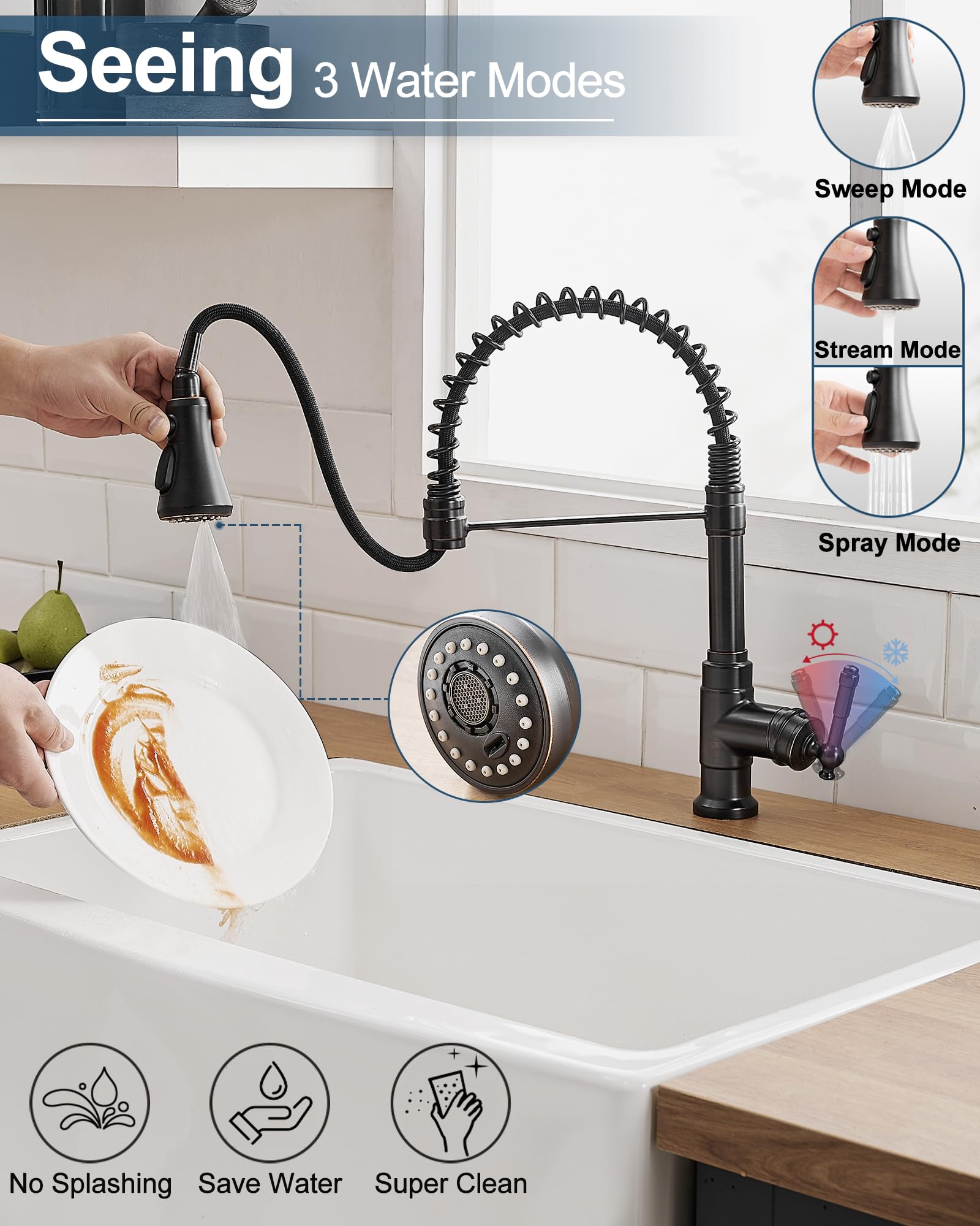 HOIGY Oil Rubbed Bronze Kitchen Faucet 3 Hole or 1 Hole, 3-Function Pull-Down Sprayer Kitchen Faucets, Sink Faucet Kitchen, Single Handle Spring Kitchen Sink Faucet with Deck Plate for Farmhouse