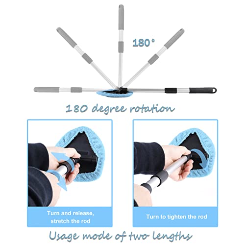 UYYE Windshield Cleaning Tool, Retractable Rotary Triangular Head Cleaning Brush,with Washable Fiber Cloth and Water Spray Kettle, Reusable Car Interior and Exterior Accessories Cleaning Kit, Blue