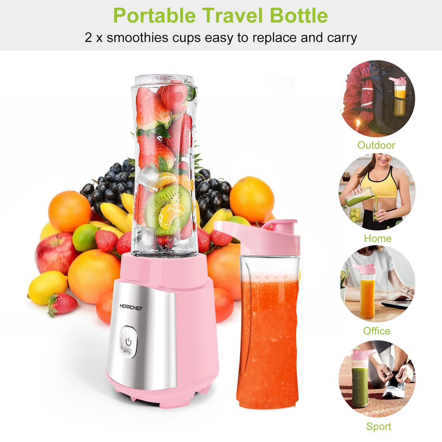 HERRCHEF Smoothie Blender, Blender for Shakes and Smoothies, 350W Powerful Personal Blender with 2 x 20oz Portable Bottle, Single Blender Easy To Clean, BPA Free(black)