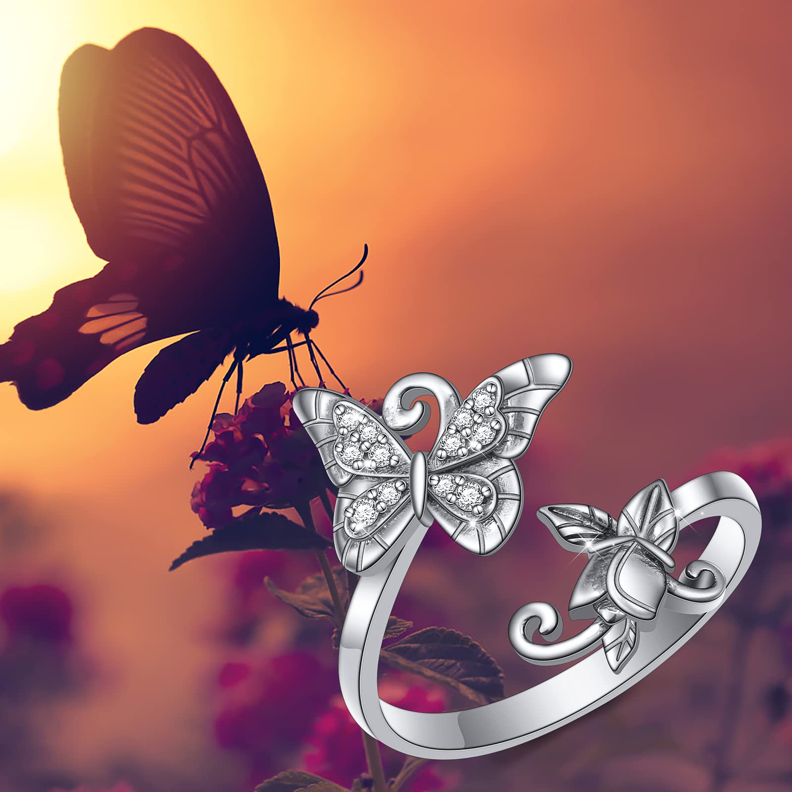HOOHWE 925 Sterling Silver Butterfly Ring for Women,Adjustable Size,Adjustable Size