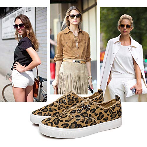 Women's Slip on Sneakers Walking Shoes Casual Girls Canvas Fashion Sneakers(Leopard,US7)