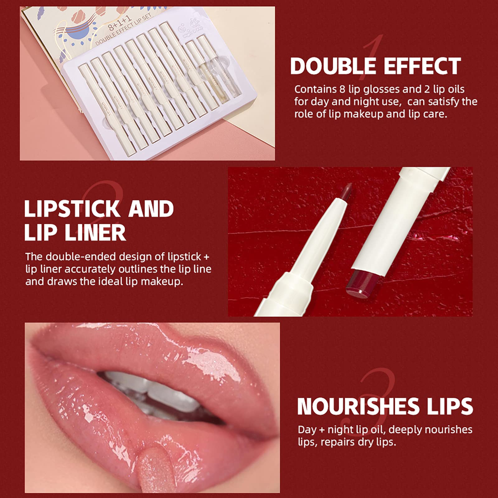Skynest 8Pcs Matte Lipstick and Lip Liner Pens + 2Pcs Lip Oil Set, One Step Lips Makeup Kits Waterproof High Pigmented Lip Gloss Make up Gift Set