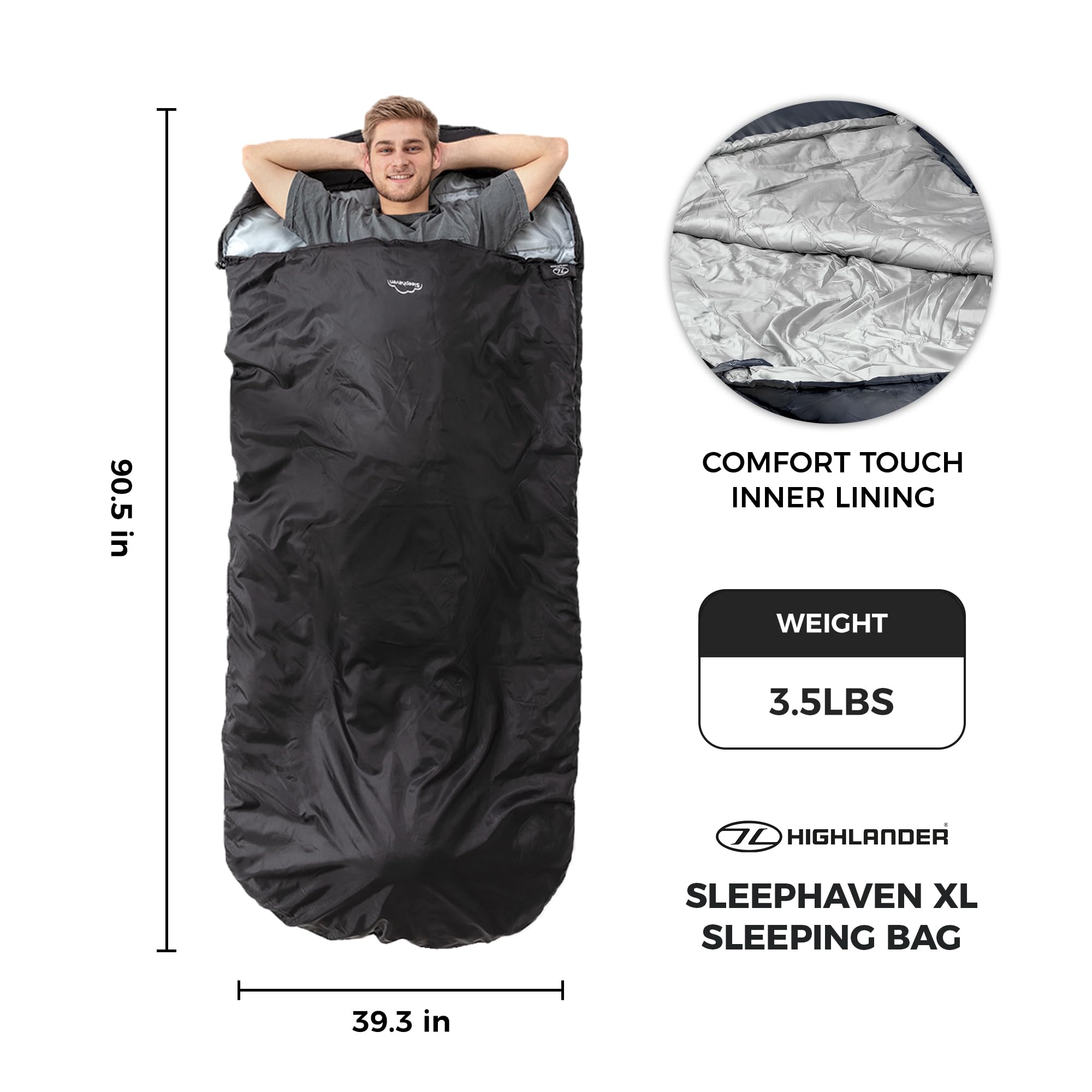 HIGHLANDER Sleephaven Sleeping Bag for Adults & Kids, Extra Large Sleeping Bag for Camping, Hiking, Outdoors, Backpacking