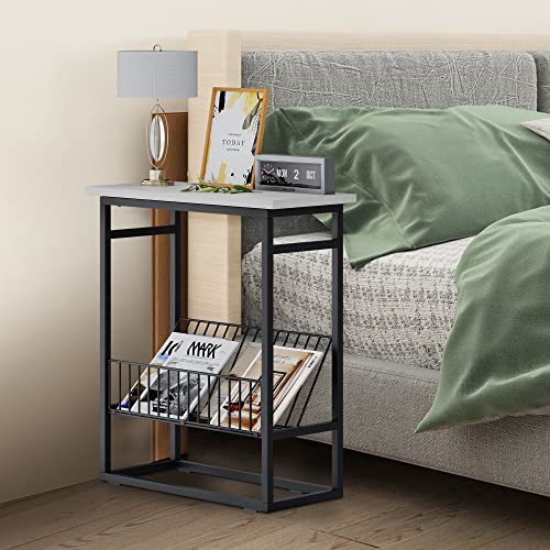 Unglehome End Table, Narrow Nightstand, Skinny Bedside Tables, Small Side Table for Small Spaces with Magazine Holder Rustic Slim Little Thin Table for Living Room, Bedroom, Sofa-Light Grey