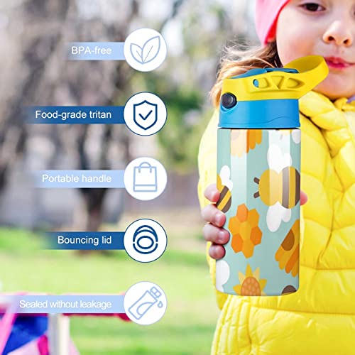 Thermos Cup 500Ml Bee Flower Insulated Water Bottle With Straw For Sports And Travel 7.5x2.7 in