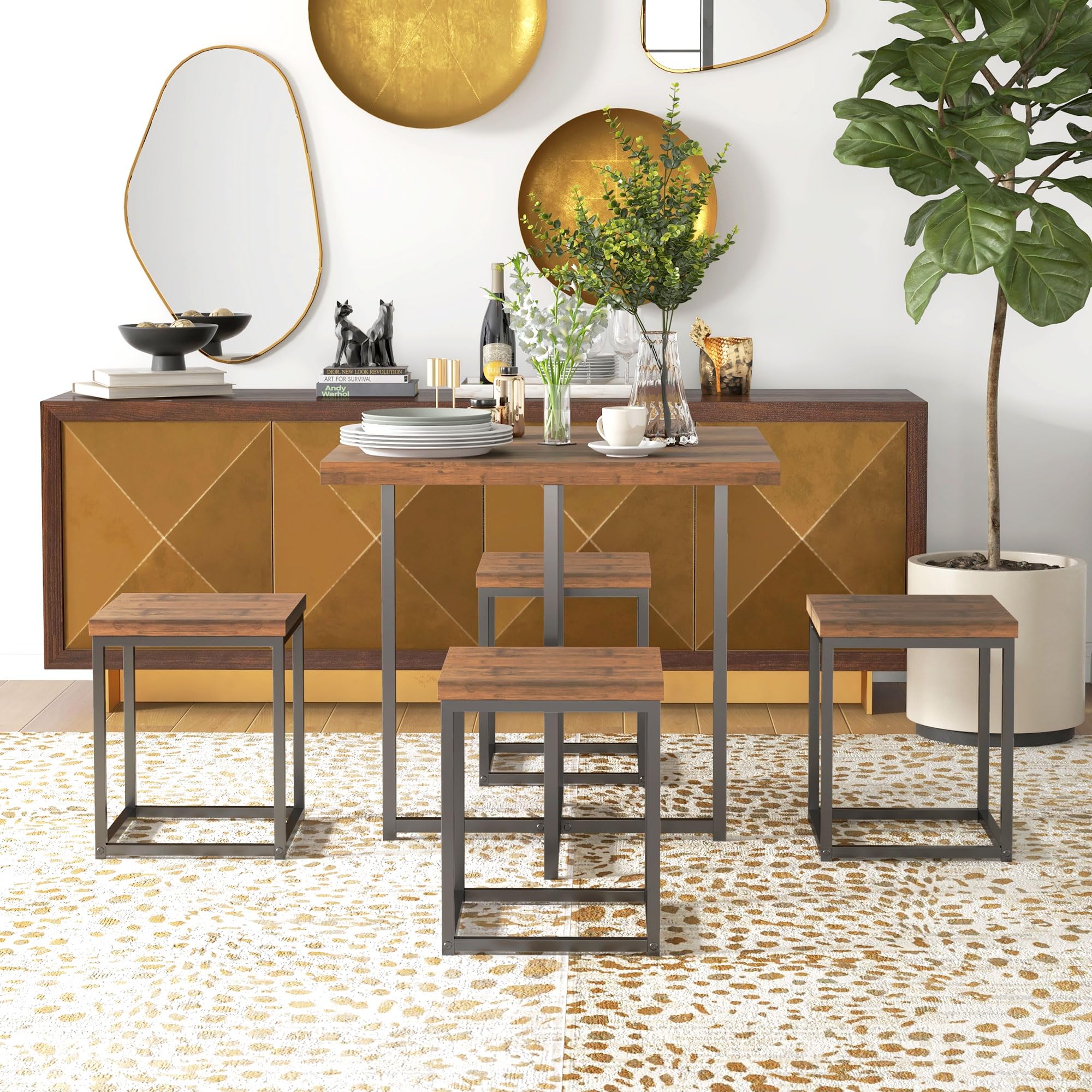 HOMCOM 5 Piece Dining Table Set, Square Kitchen Table Set with Stools for Small Space, Breakfast Nook, Natural Wood Color