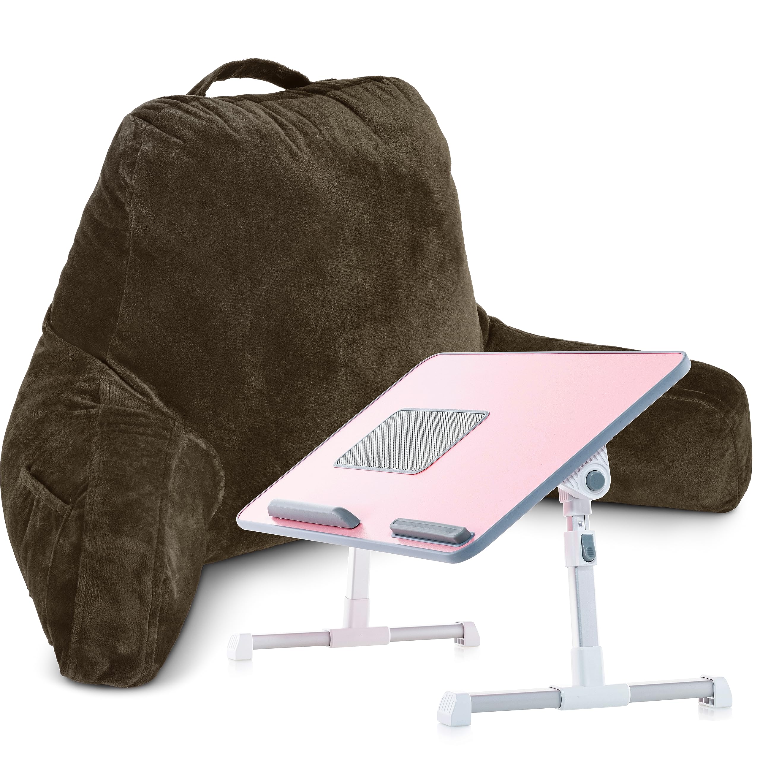 Husband Pillow Combo - Backrest Pillow with Arms : Standard Chocolate & Lap Desk Bed Tray : Pink - Memory Foam Reading Pillows for Bed & Laptop Bed Tray Table