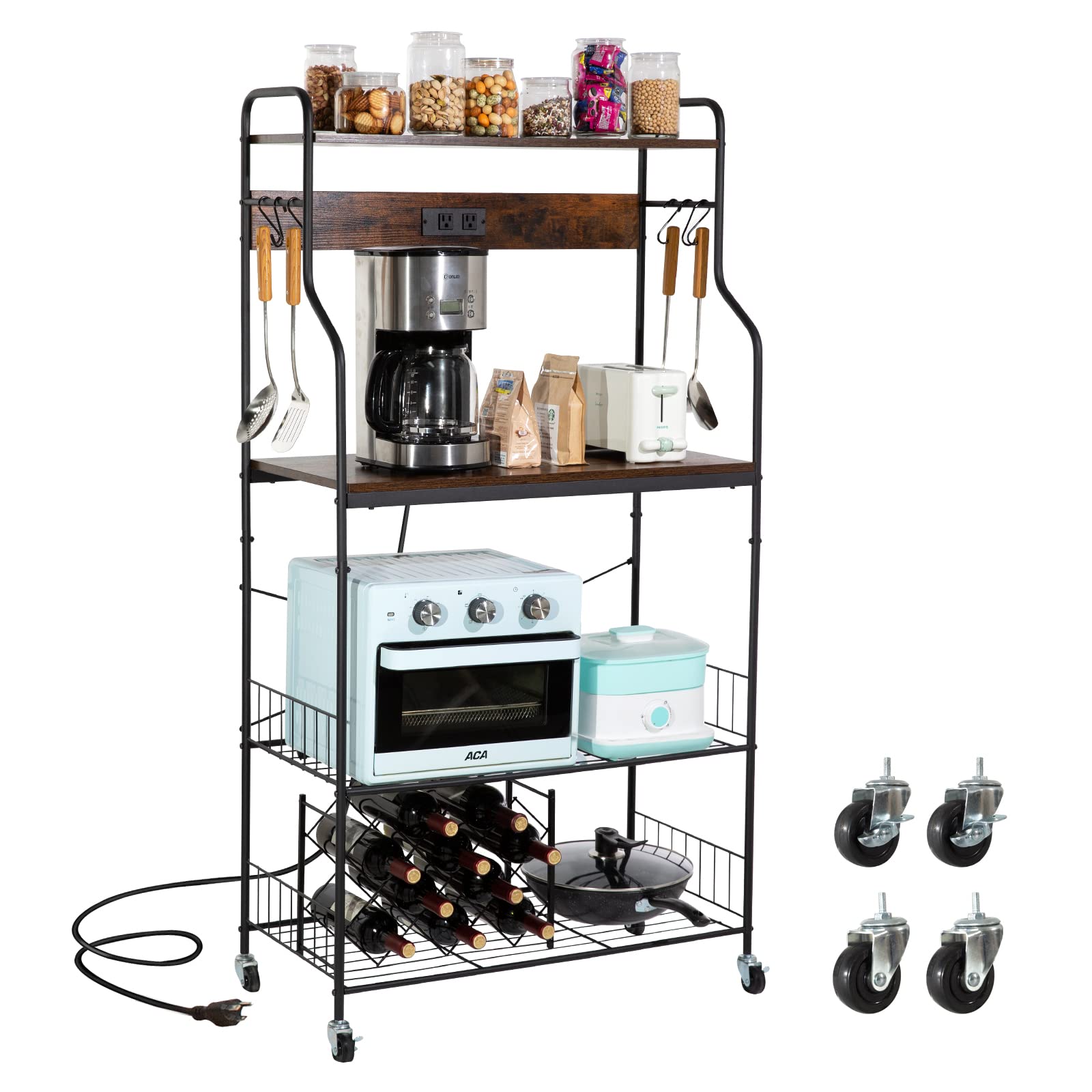Hosfais Kitchen Appliance Organizer - Kitchen Shelves Freestanding with 3 Power Outlets, Microwave Stand with 4 Tiers Storage Shelf, Kitchen Appliance Stand with Hooks
