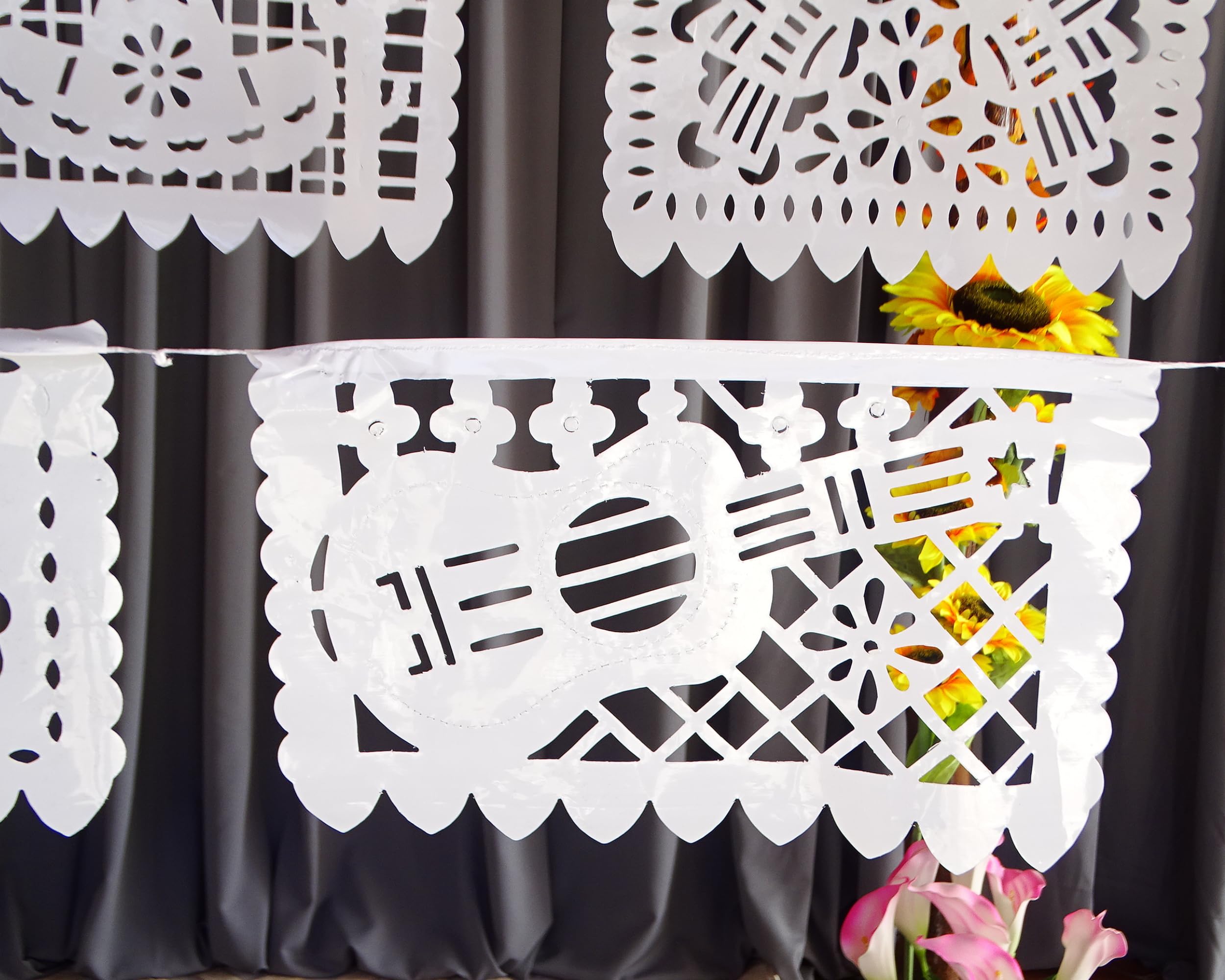 White Papel Picado Banner - Plastic Papel Picado Banner, garland, bunting, streamers - Fiesta Decorations - Mexican white Decorations for mothers day, bridal shower, weddings 5 pack/60 feet