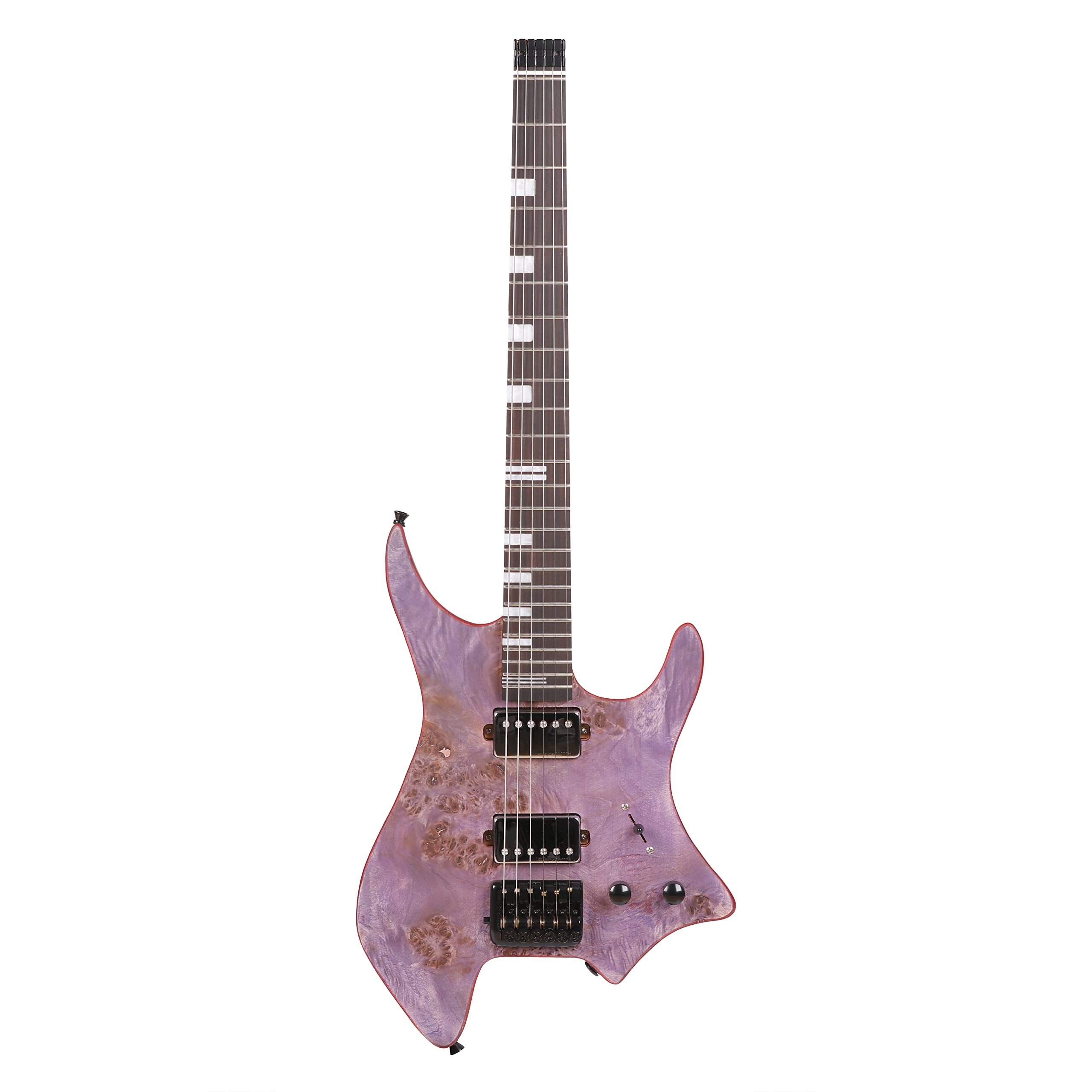 Leo Jaymz 6 Strings Headless Electric Guitar - Full Scale Travel Guitar - Mahogany Body and 5 piece Maple Neck - Burl Veneer,rounded end frets,Customized Pickups (Purple)