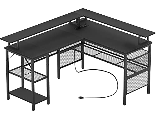 Unikito L Shaped Desk with LED Strip and Power Outlets, Reversible Corner Computer Desks with Monitor Stand and Storage Shelf, Modern Gaming Table, Home Office Desk with USB Ports, Black