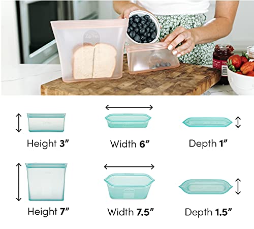 Zip Top Reusable Food Storage Bags | 2 Bag Set [Teal] | Silicone Meal Prep Container | Microwave, Dishwasher and Freezer Safe | Made in the USA