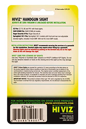 HiViz® Litewave H3 Sight Tritium LitePipe Day/Night for S&W EZ380, Green/Orange litepipes w/White Front Ring, One Size, Model: EZN421