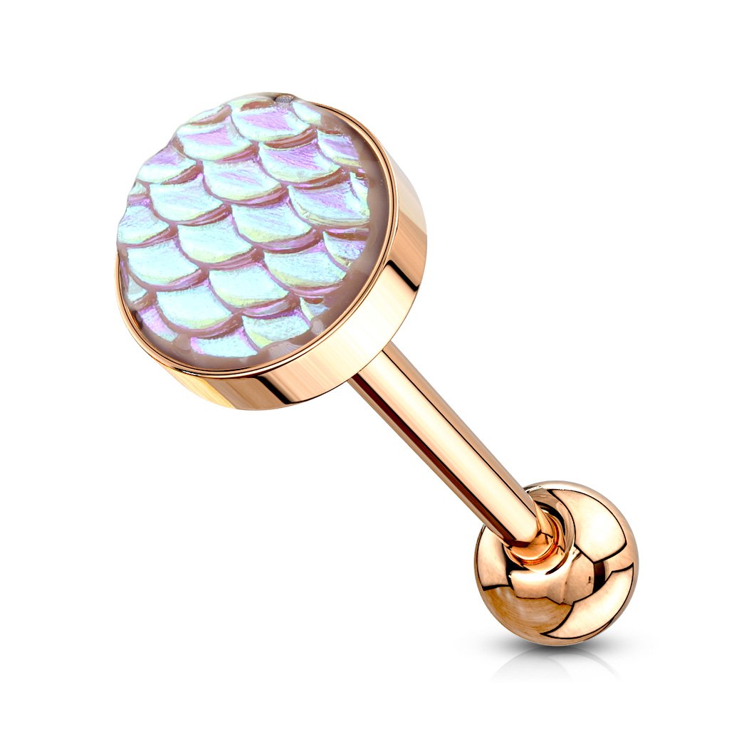 Inspiration Dezigns 14G 16mm Rose Gold Tongue Barbell Pink Fish Scale Piercing