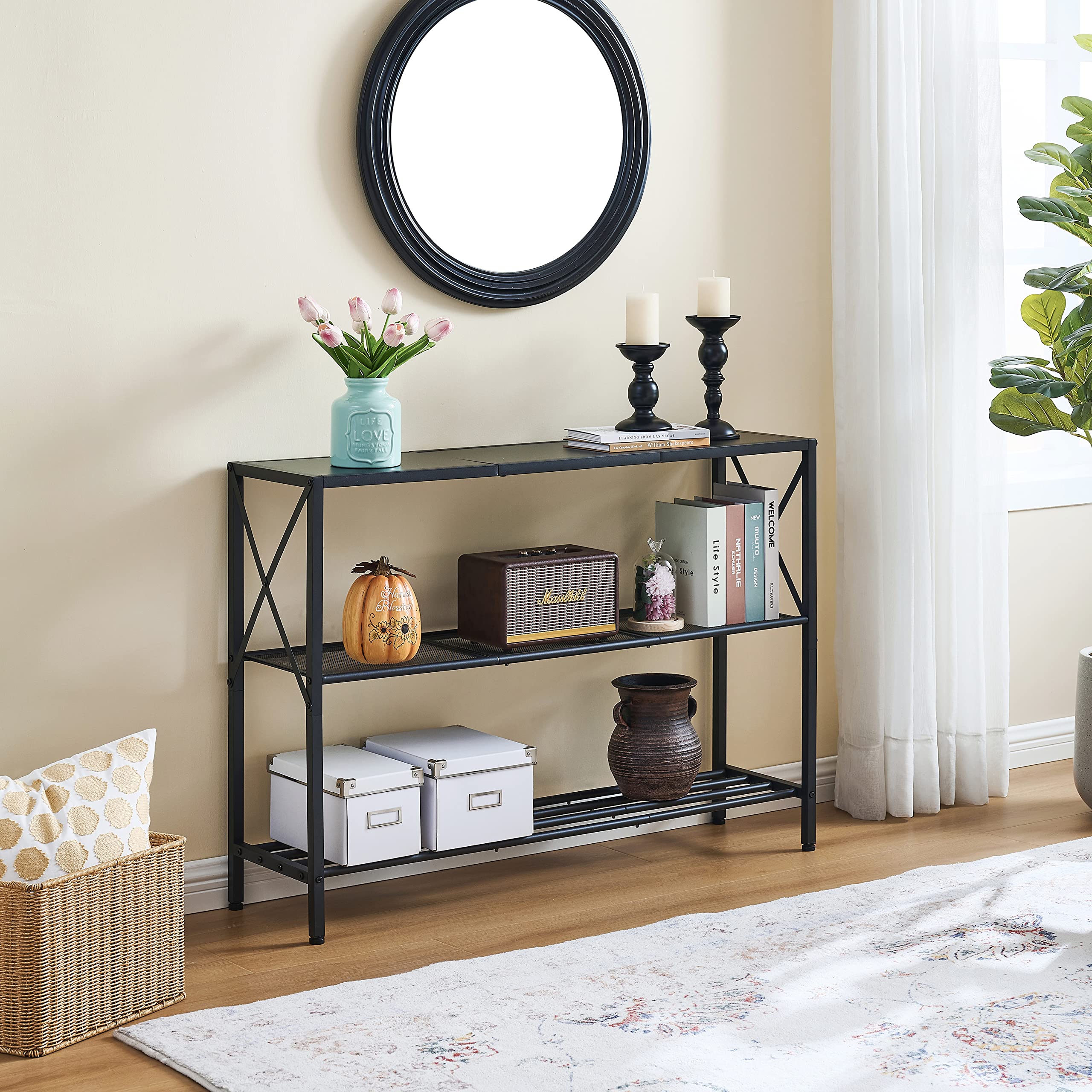 Hoctieon Gold Console Table, 3 Tier Entryway Table, Hallway Table, Narrow Sofa Table with Shelves, Entrance Table for Entryway, Gold and White