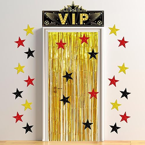 Tigeen 32 Pcs VIP Party Decorations Set 1 Shiny VIP Entrance Decoration 30 Gold Red Black Glitter Star 1 Gold Decorative Door Curtain for Movie Night Party VIP Party Music Award Night Birthday