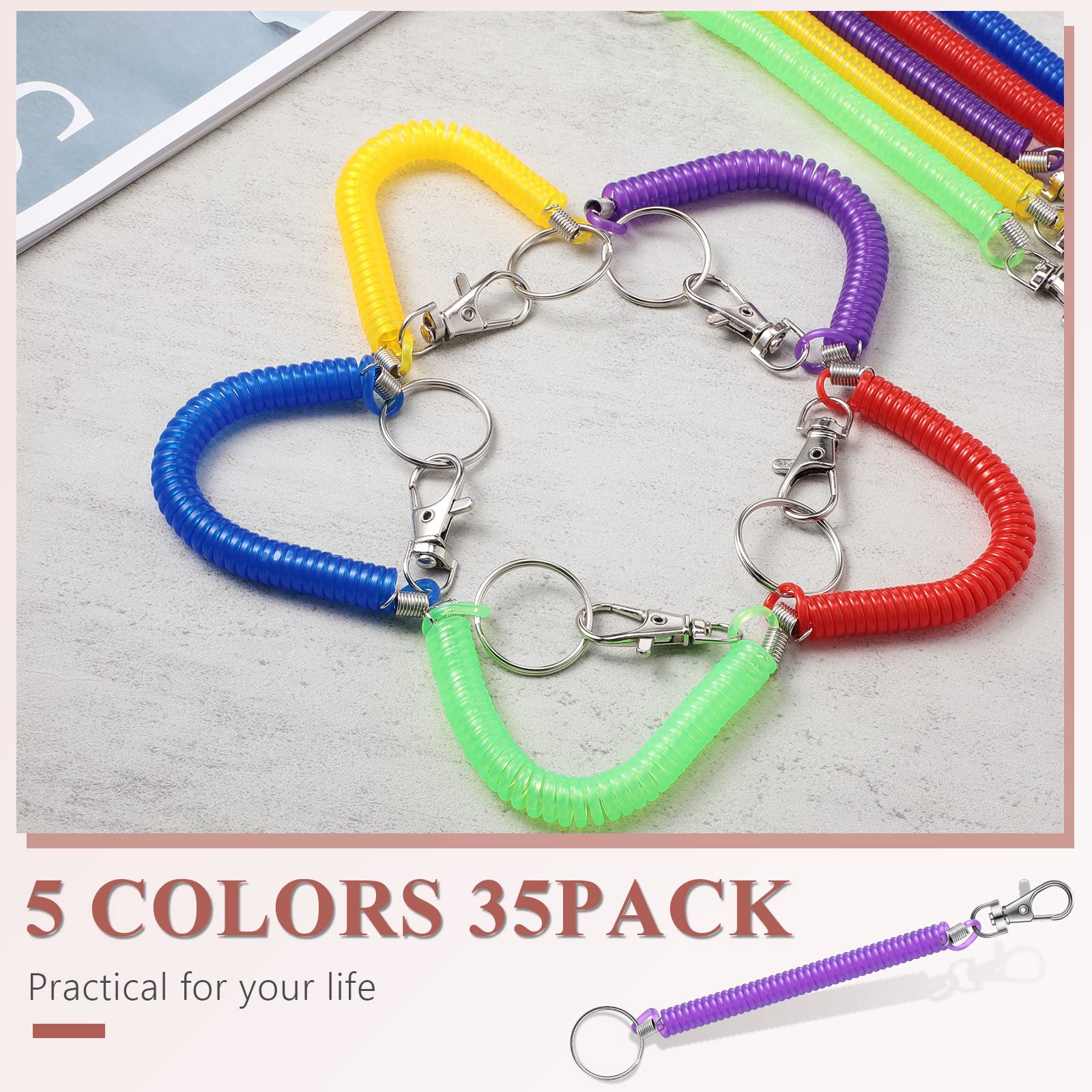 Meanplan 35 Pcs Retractable Coil Spring Keychain Spiral Wrist Cord Keychain Holder Metal Lobster Clasp for Wallet(Black)