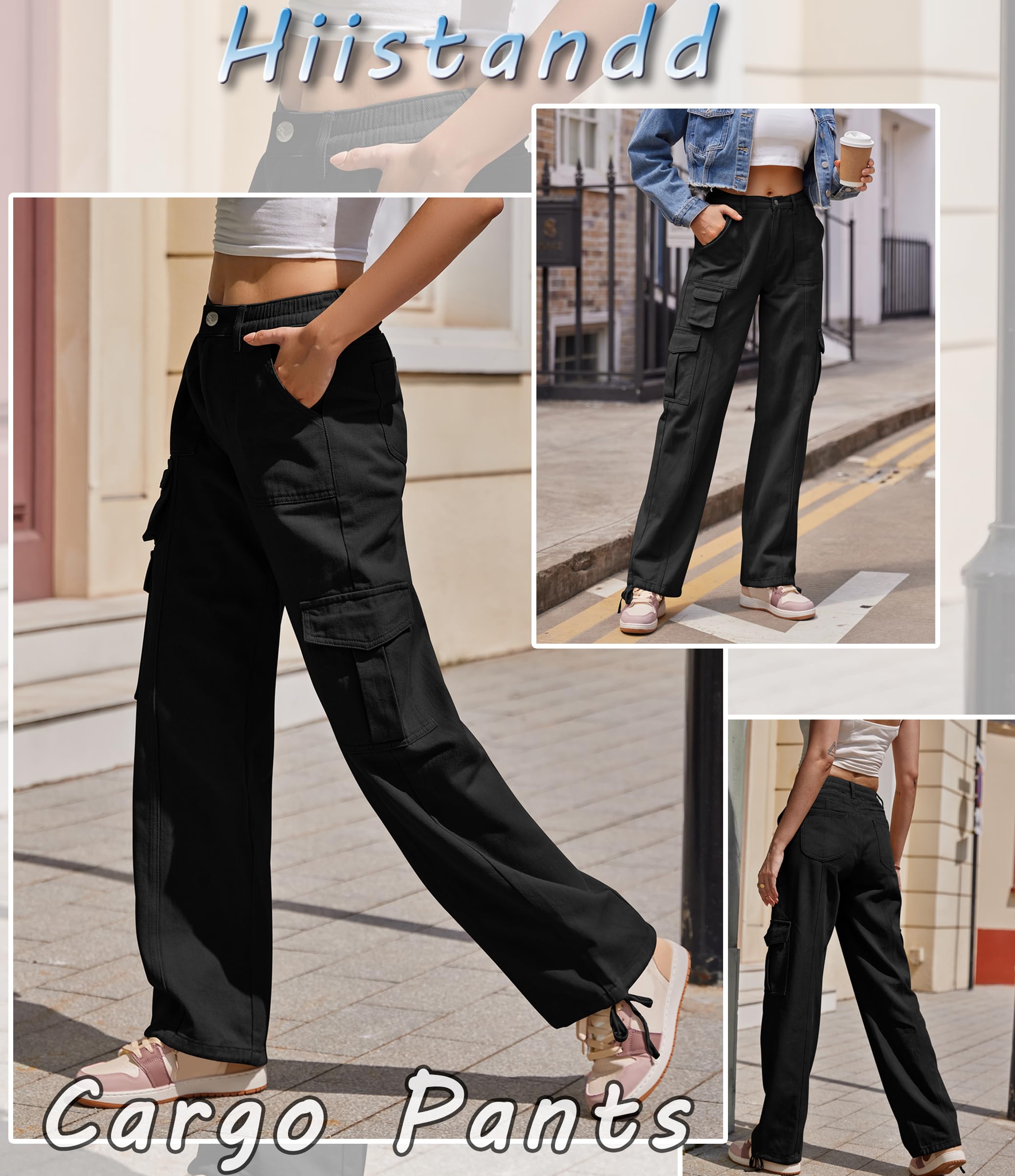 Hiistandd Women's High Waisted Cargo Pants Cotton Wide Leg Casual Pants Combat Military Work Trouser(Black,L)