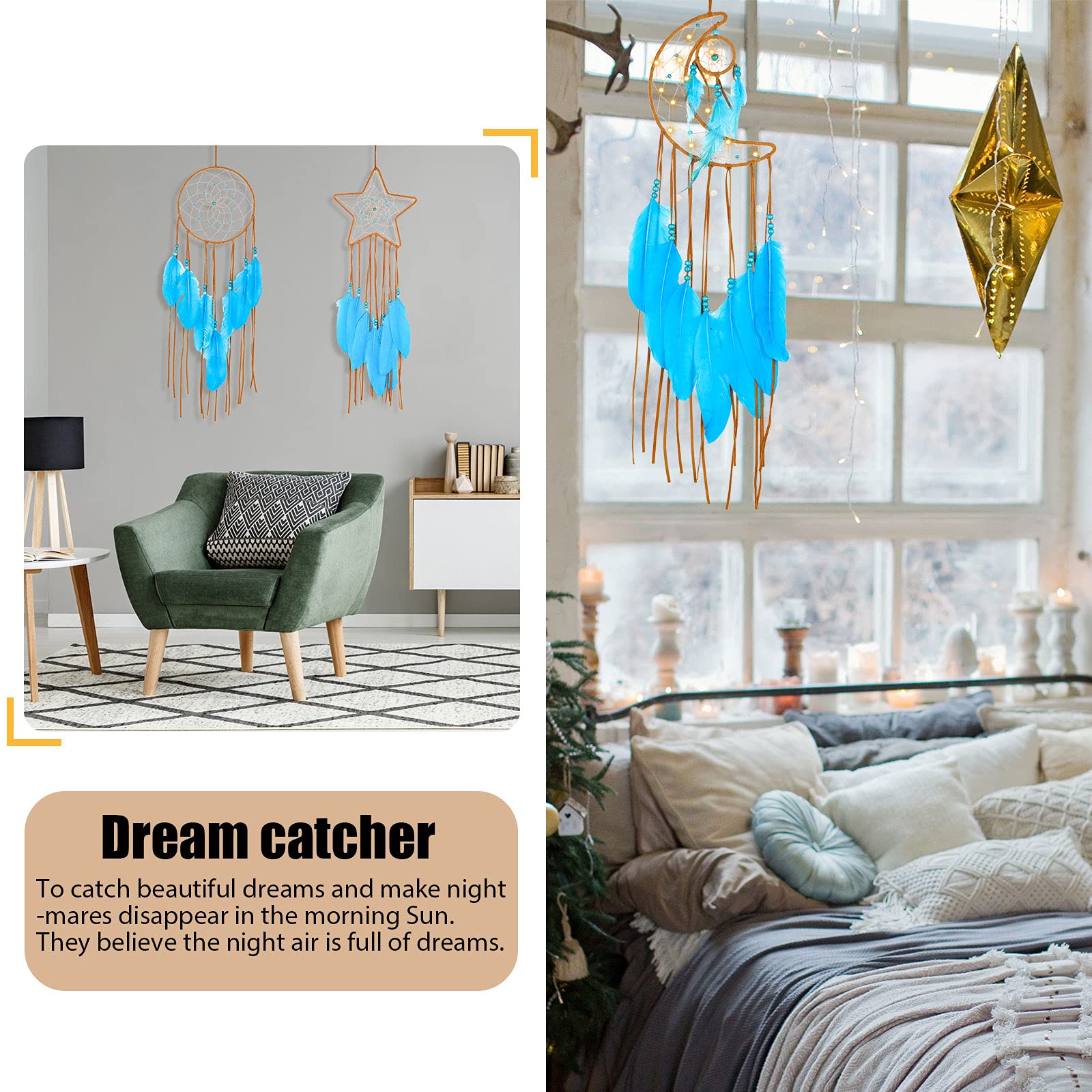 Jetec 3 Pieces Macrame Dream Catcher Moon Sun Star Design Woven Wall Hanging Decor Handmade Traditional Design with 3 LED Light for Wall Hanging Home Decoration (Blue)
