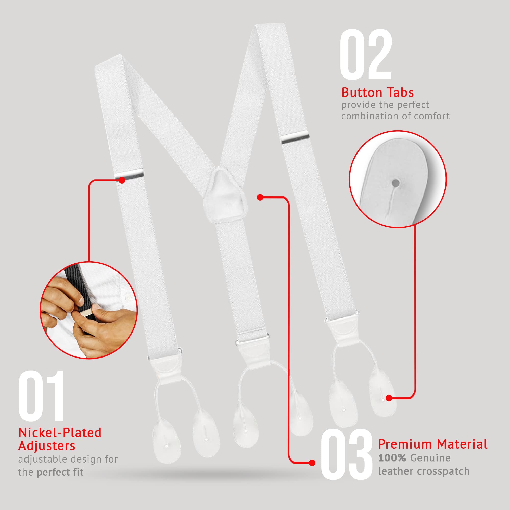 HOLD'EM Tuxedo Suspenders for Men Black Genuine Leather Button End 1.25 Inches Mens Braces Suspenders- White (Regular 46" Long)