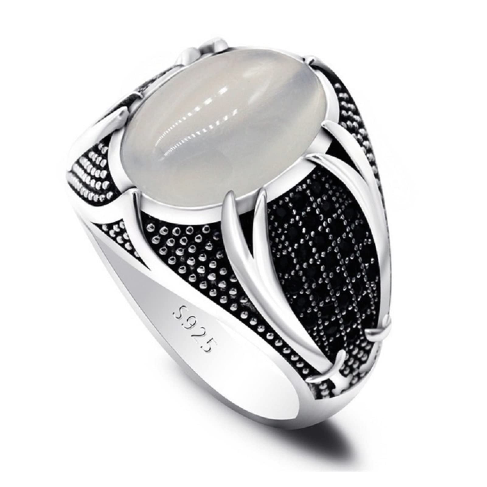 HOYEDNK Antique Ring Men's Ring White Agate Stone with Black Rings Jewelry Gift (Main Stone Color : Silver, Ring Size : 10)