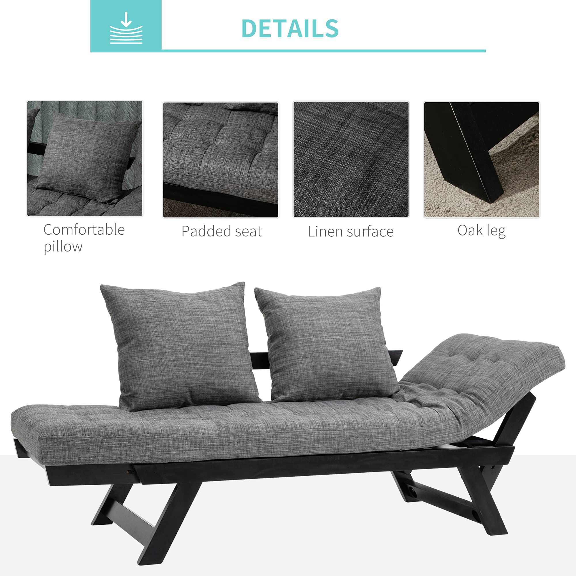 HOMCOM Single Person 3 Position Convertible Chaise Lounger Sofa Bed with 2 Large Pillows and Oak Frame, Light Gray