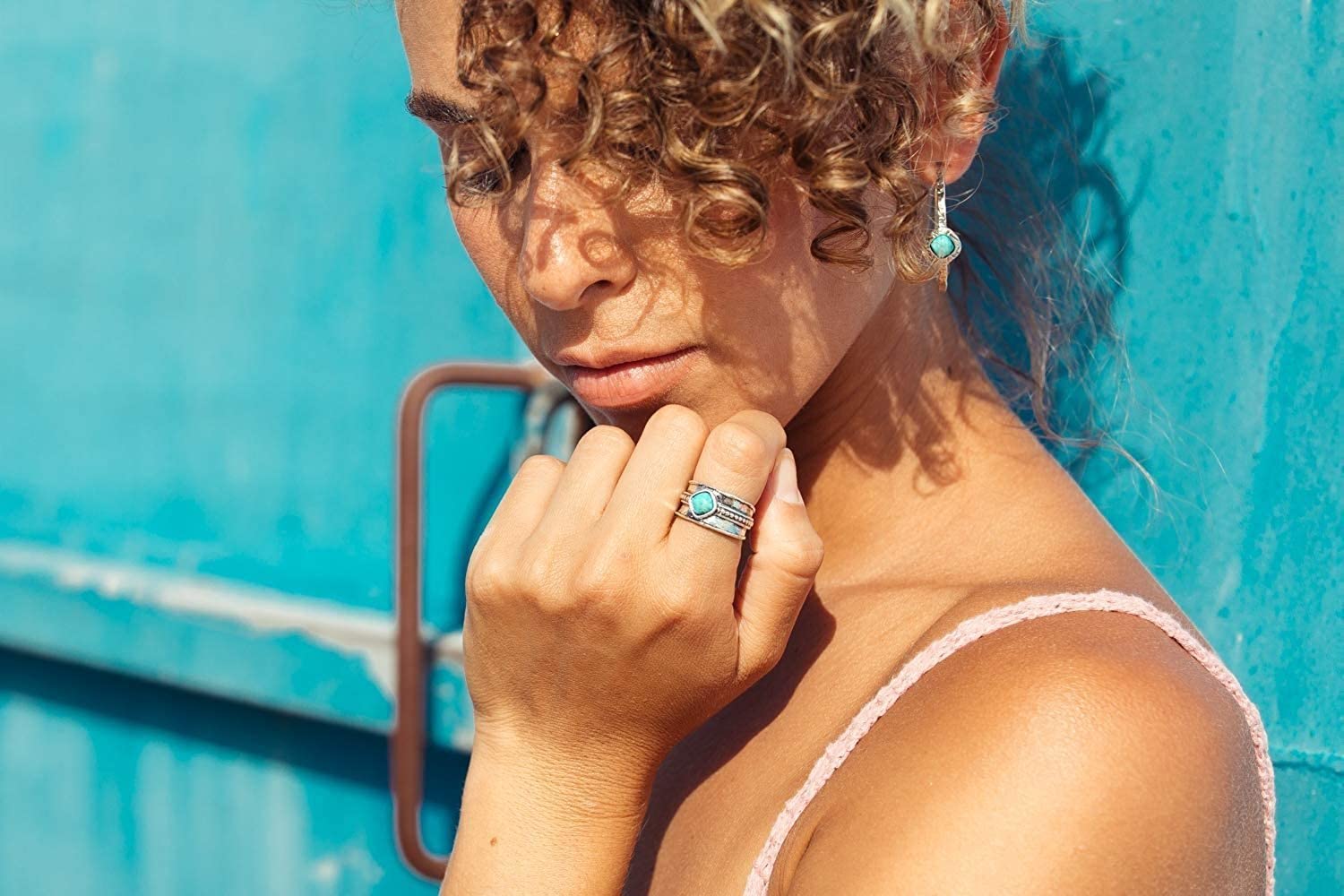 Joolala 1 Carat Blue and Green Cabuchon Cut Turquoise Oxidized Finish 925 Sterling Silver Ring for Women, Size - 5