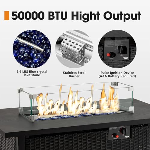 HANLIKO 42 Inch Outdoor Propane Gas Fire Pit Table, 50,000 BTU Auto-Ignition Gas Firepit with Glass Wind Guard, Alloy Wood Grain Tabletop, Black