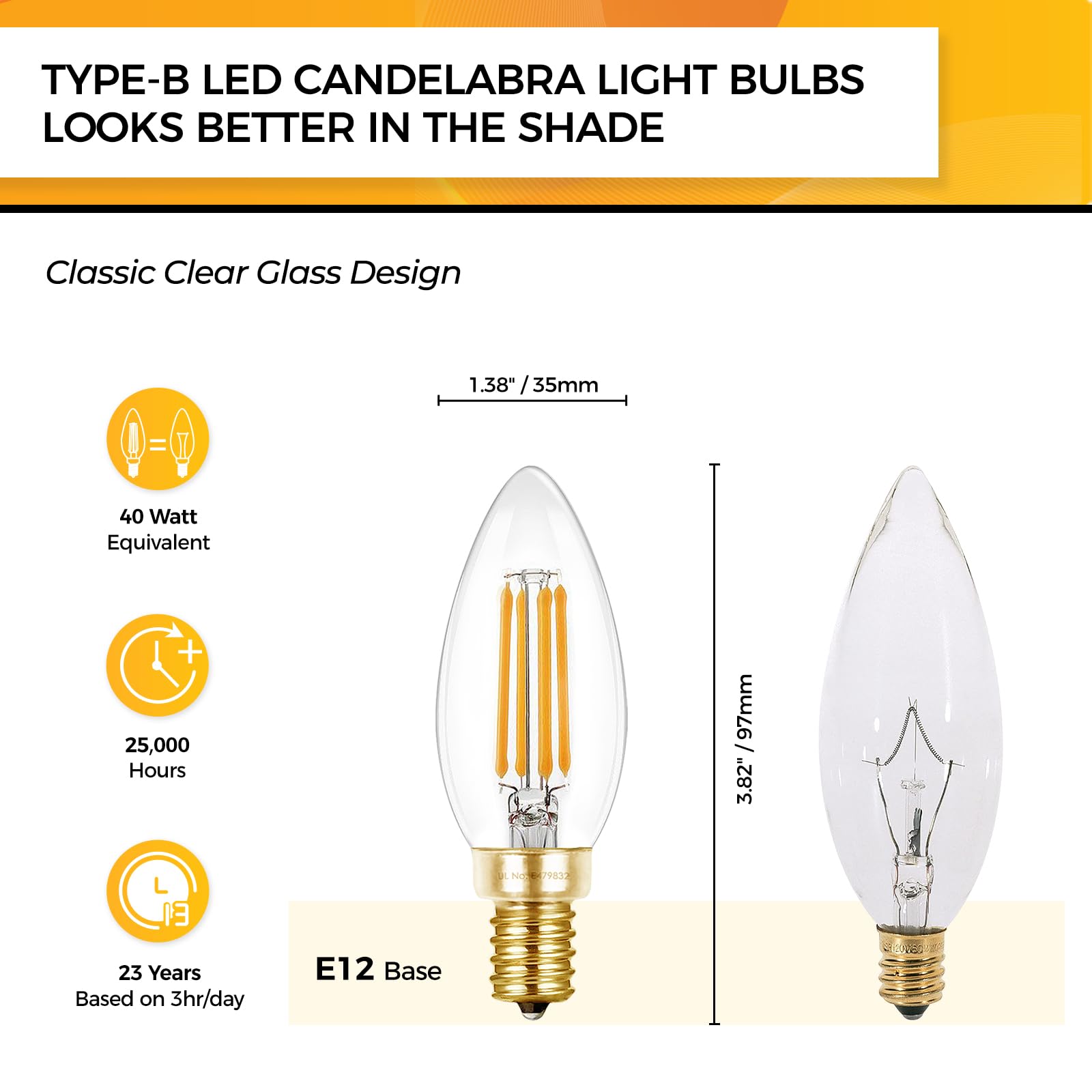 Hizashi E12 Candelabra LED Light Bulbs 40 Watt 90+CRI LED Chandelier Light Bulbs Dimmable, B10 LED Candelabra Bulbs, 4W, 450LM 2700K Soft White, Candle Light Bulbs, UL Listed, 12 Pack