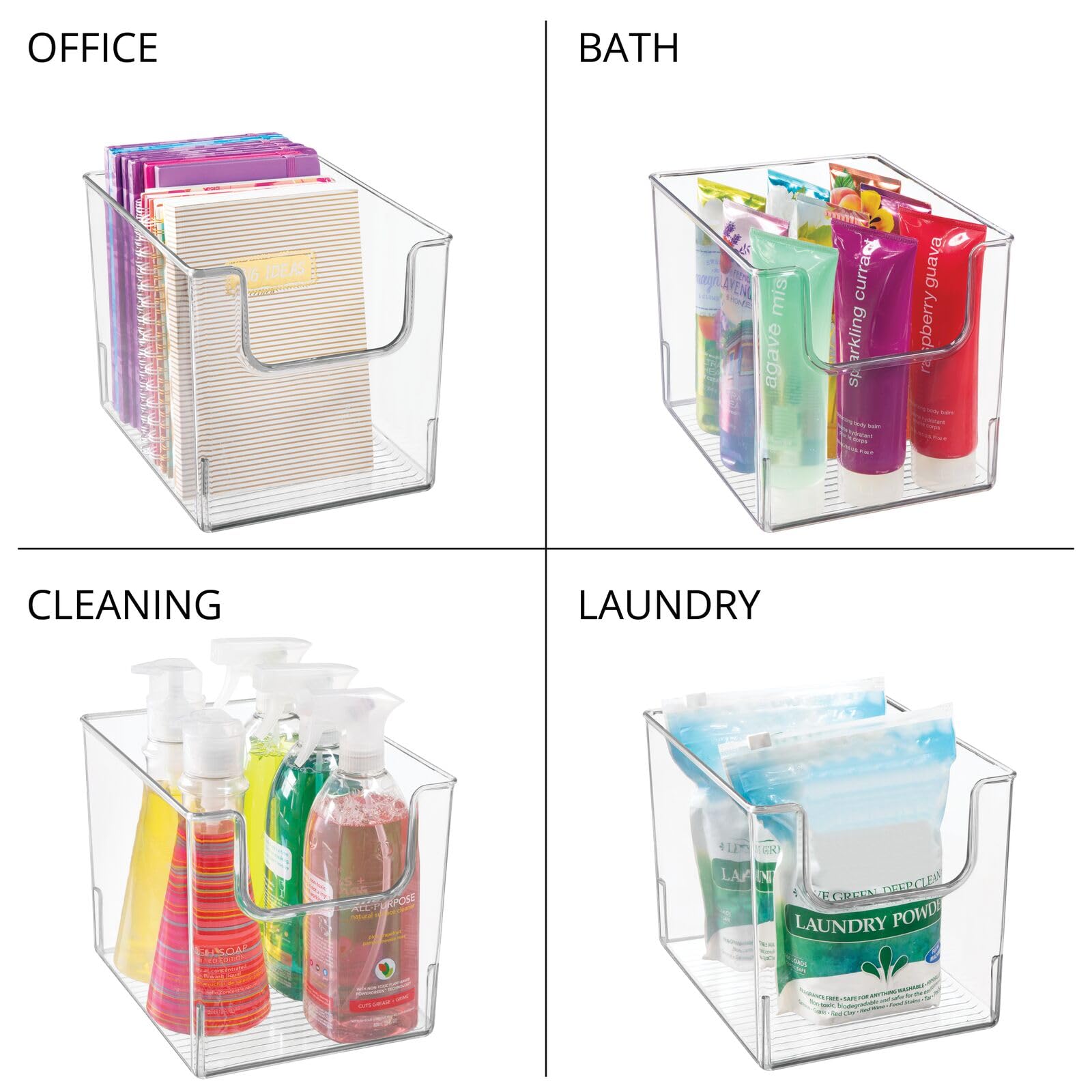 mDesign Plastic Household Storage Organizer Bins with Open Dip Front for Kitchen, Bedroom, Bathroom, Office, Craft or Playroom Organization - Holds Toys, Books - Ligne Collection, 4 Pack - Clear