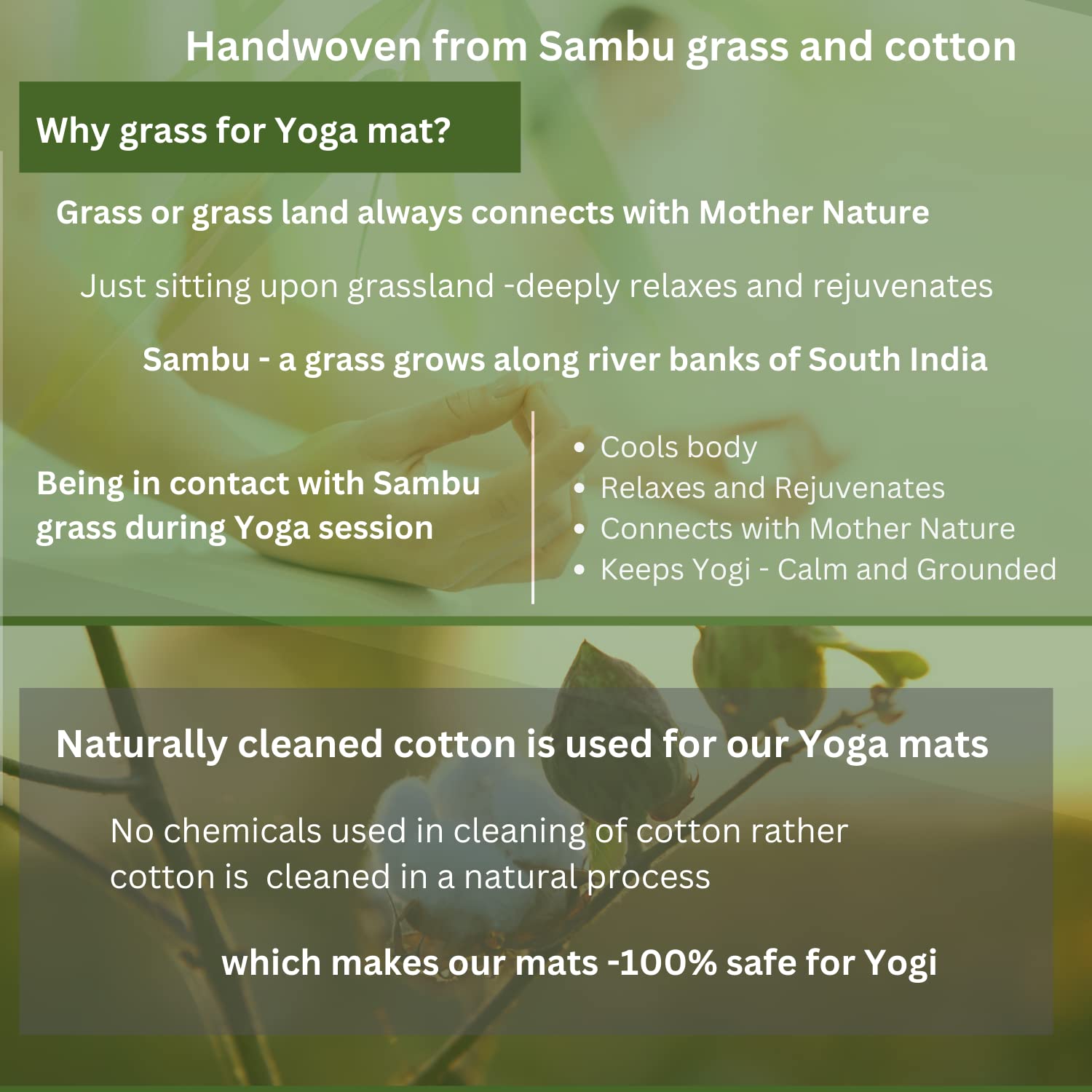 JD NATURAL - "Tranquil" Yoga Mat - Handwoven from Sambu Grass and Cotton. Extra Soft Better Grip Mat. Makes your Yoga session Pleasant and Blissful Length 72 inches x Width 27 inches Thickness 4 mm
