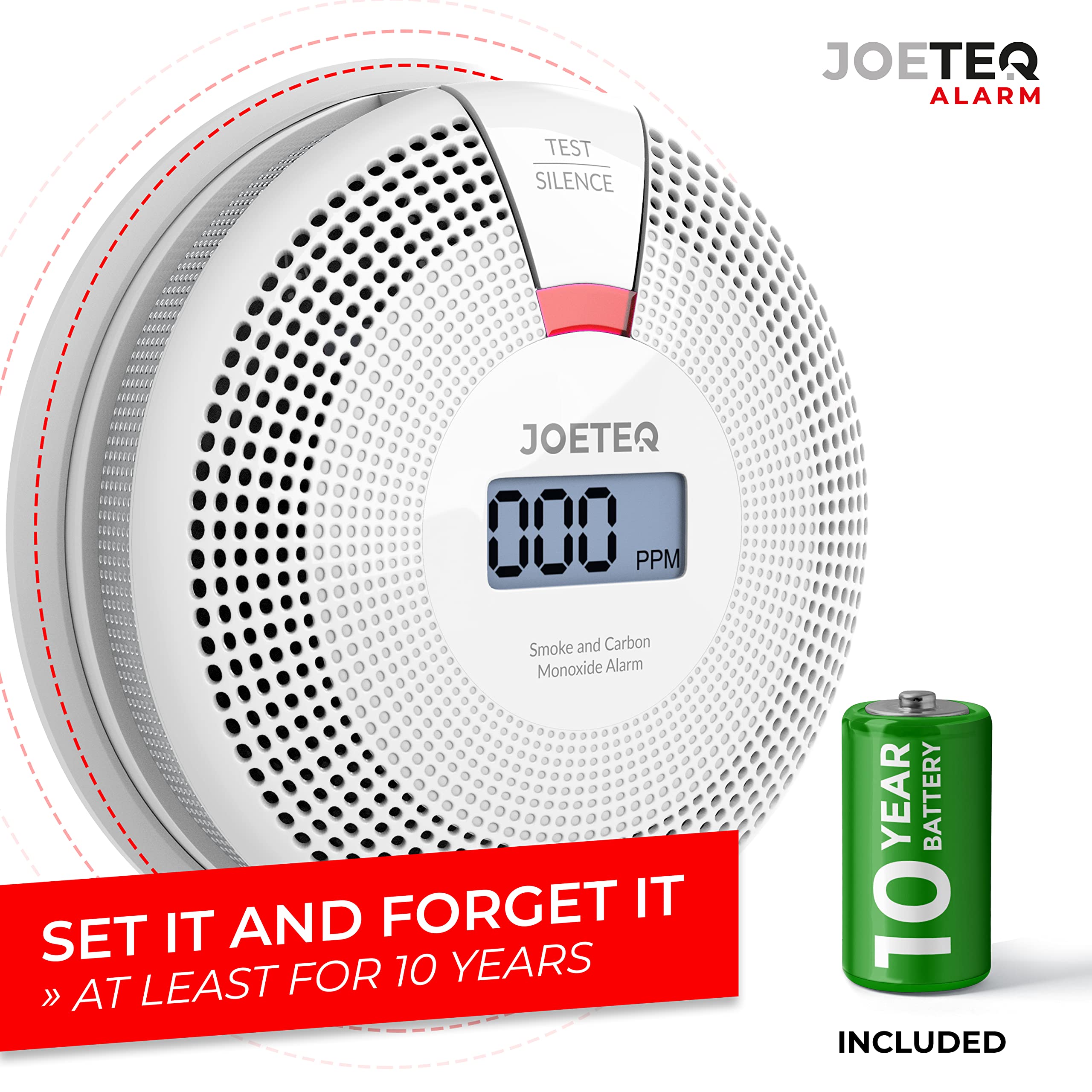 JOETEQ 2-in-1 Smoke and Carbon Monoxide Detector 10 Year Battery Operated Included - No Drilling Easy Adhesive Installation, SC01-BS, 1pcs