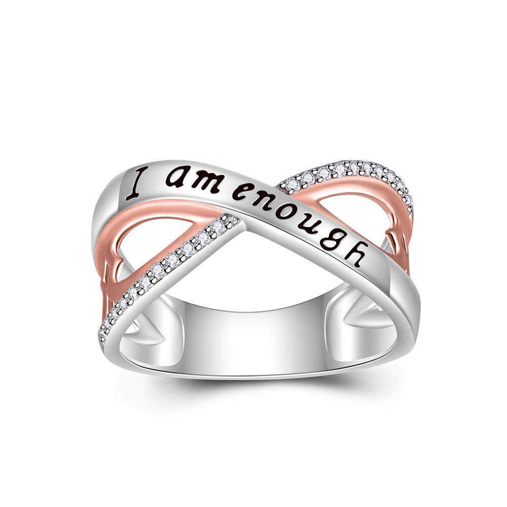 I am Enough Ring s925 Sterling Silver Inspirational Engraving Dainty Crystal Diamond Jewelry for Women Encouragement Rings Size 6 ft