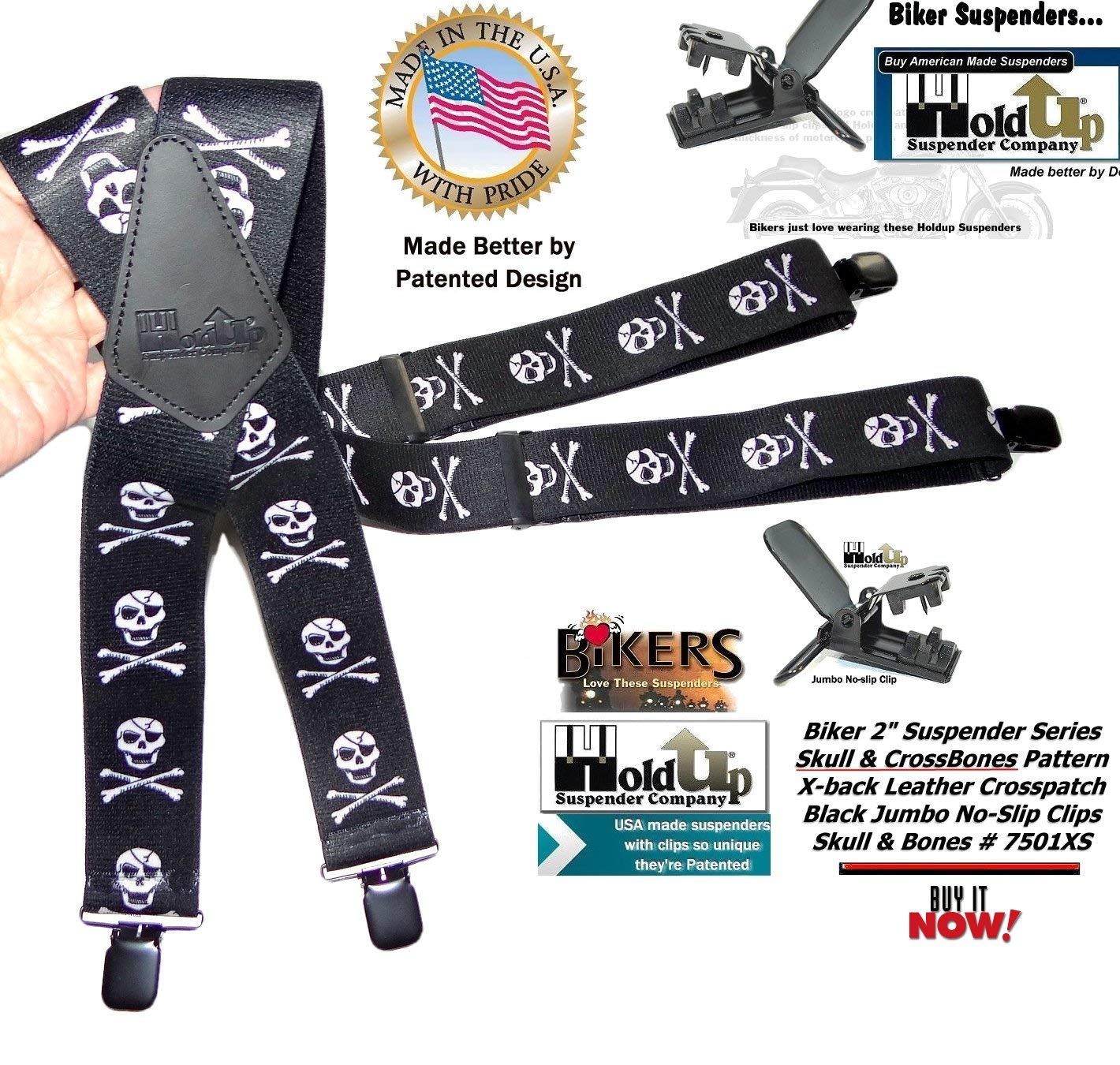 Holdup Suspender Company 2" wide Biker Skull & Crossbones Suspenders for Men with Patented Jumbo black metal no-slip Clips