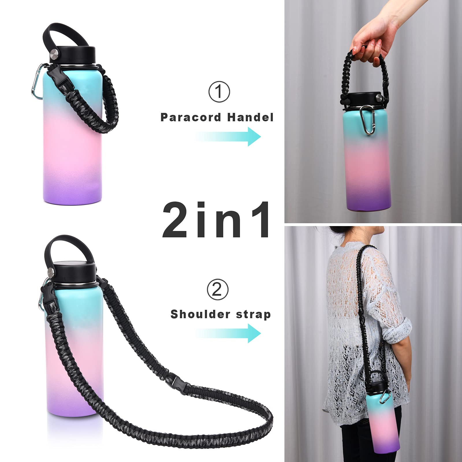 iLVANYA Paracord Handle with Shoulder Strap Compatible with Hydro Flask Wide Mouth Bottles, Paracord Strap Carrier for 12oz to 64oz Bottle, Bottle Accessories with Safety Ring Carabiner (Weave Grey)