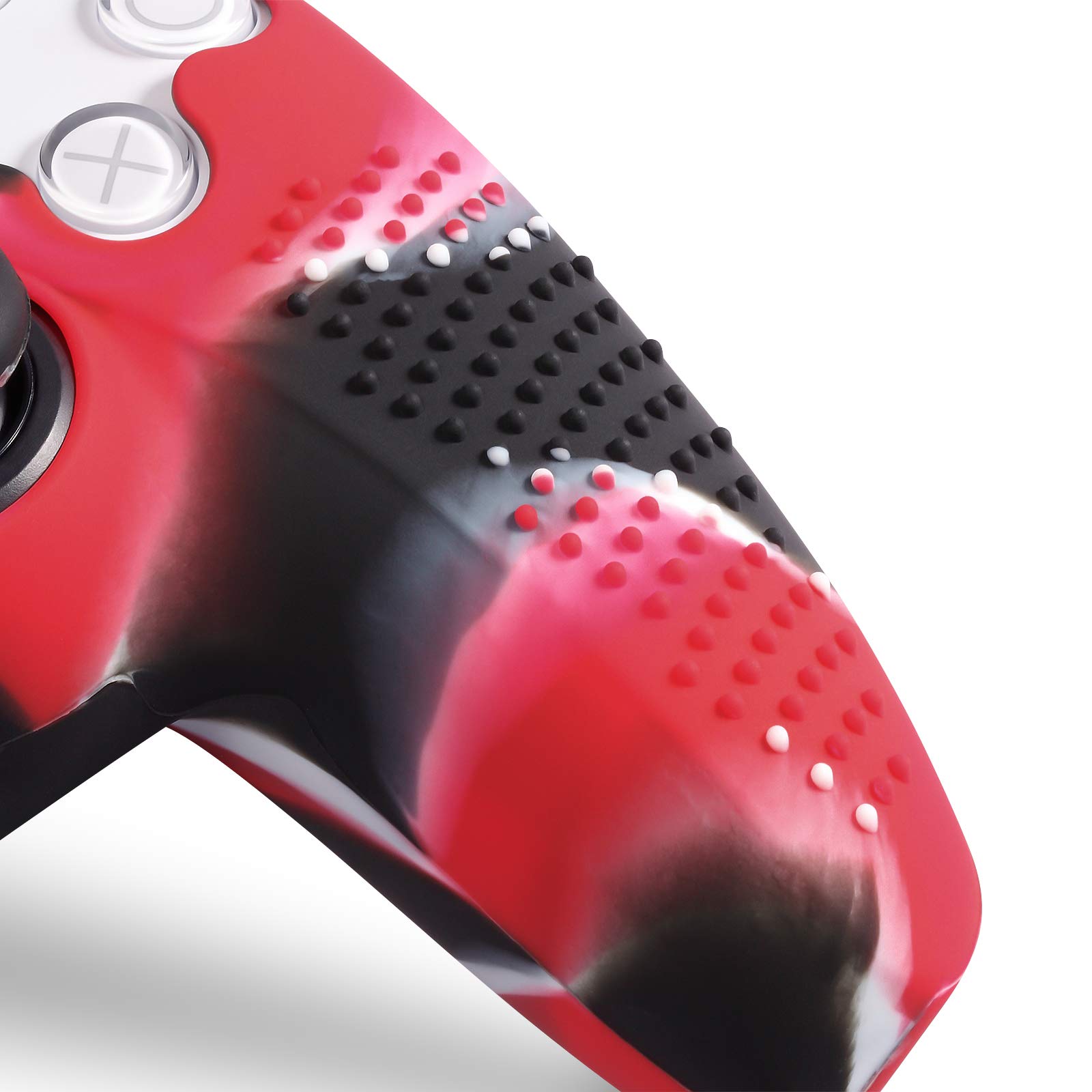 HJYuan PS5 DualSense Controller Skin 2 Pack - PS5 Controller Case Silicone Grip for Playstation 5 DualSense Controller (Controller Skin x 2 + FPS PRO Thumb Grips x 10) (Black and Camouflage Red)