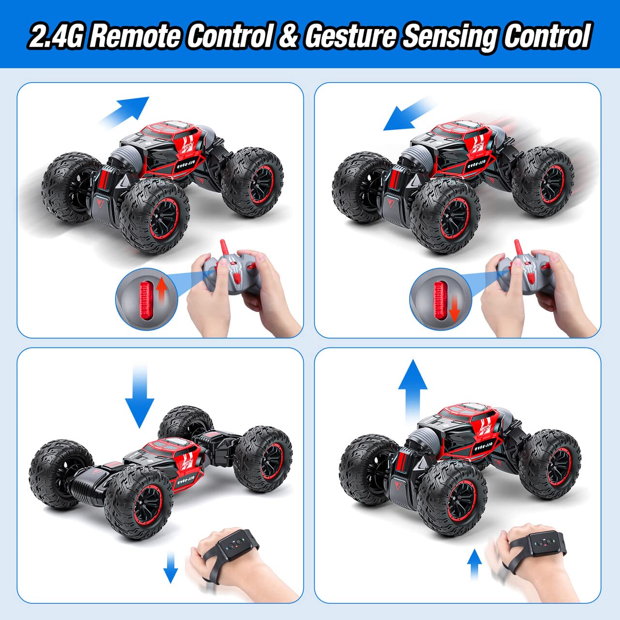 Powerextra Remote Control Car, Gesture Sensing RC Car, 4WD Transform Off Road Crawler, All Terrains Toy Stunt Car with Two Batteries, 50+ Mins Play Time for 6-12 Year Old Boys & Girls