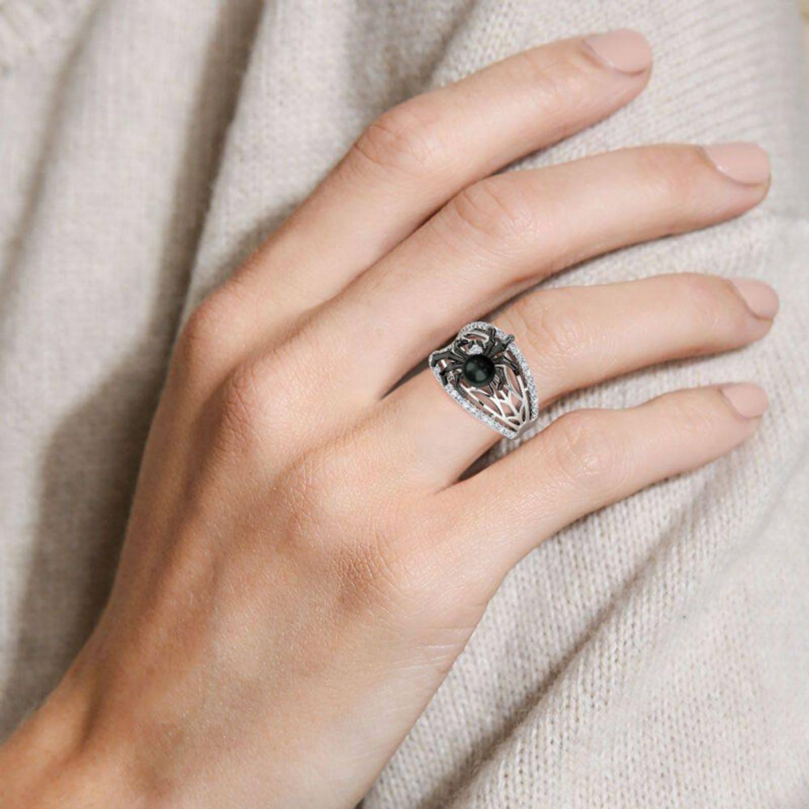 Jeulia 2.06ct Sterling Silver Black Skull Ring Women Men Spider Engagement Rings Pear Cut Red Diamond Skull Ring Gothic Black Pearl Spider Promise Ring Band Halloween Jewelry (Black Widow, J-½)