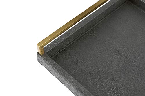 WV Decorative Tray Dark Grey Faux Shagreen Leather with Brushed Gold Stainless Steel Handle ,Serving Tray for Coffee Table, Ottoman in Living Room (Dark Grey)