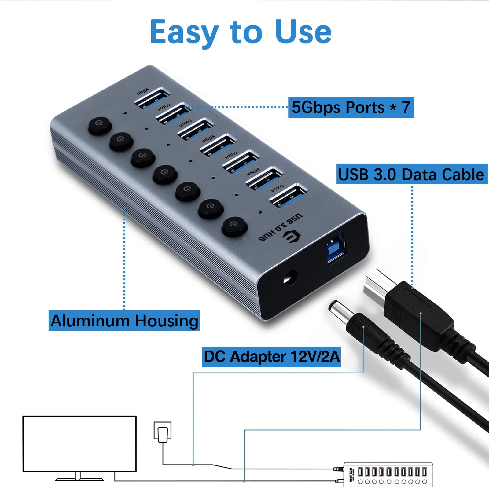 USB Hub Active 3.0 with Power Supply, 7 Ports USB Adapter Active USB Splitter 5 Gbps USB 3.0 Hub with 1 m Cable, 24 W (12 V/2 A) Power Supply Dock and Separate Switch with LED Display