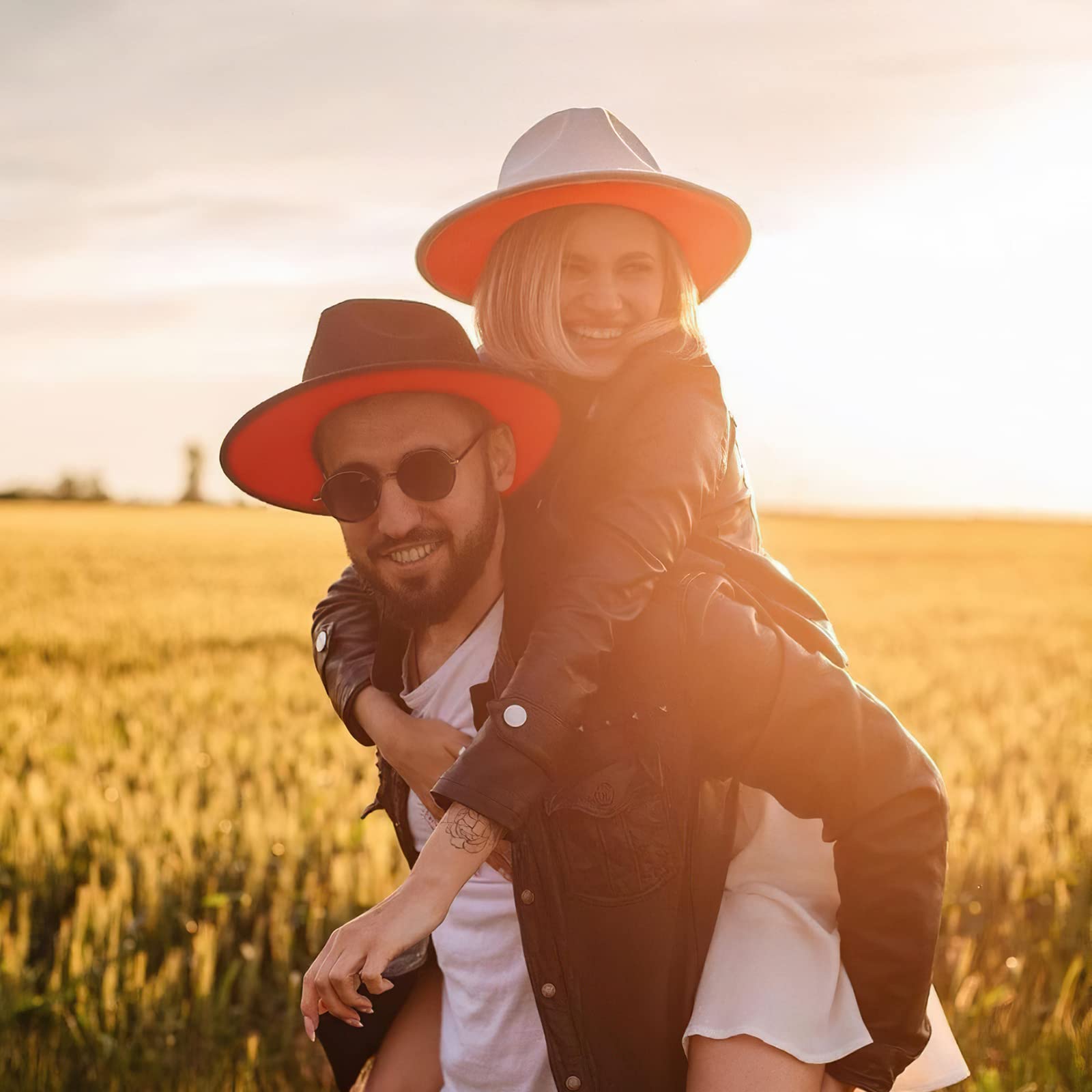 Kalerona Black Fedora Hats for Men with Red Band and Bottom Wide Brim Two Tone Hats