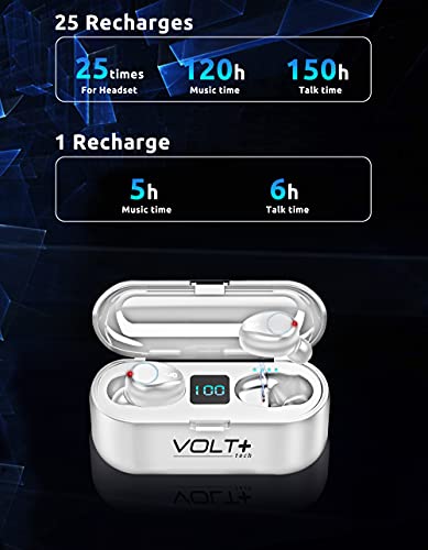 Volt Plus TECH Wireless V5.0 Bluetooth Earbuds Compatible with MacBook Air 2018 LED Display, Mic 8D Bass IPX7 Waterproof/Sweatproof (White)
