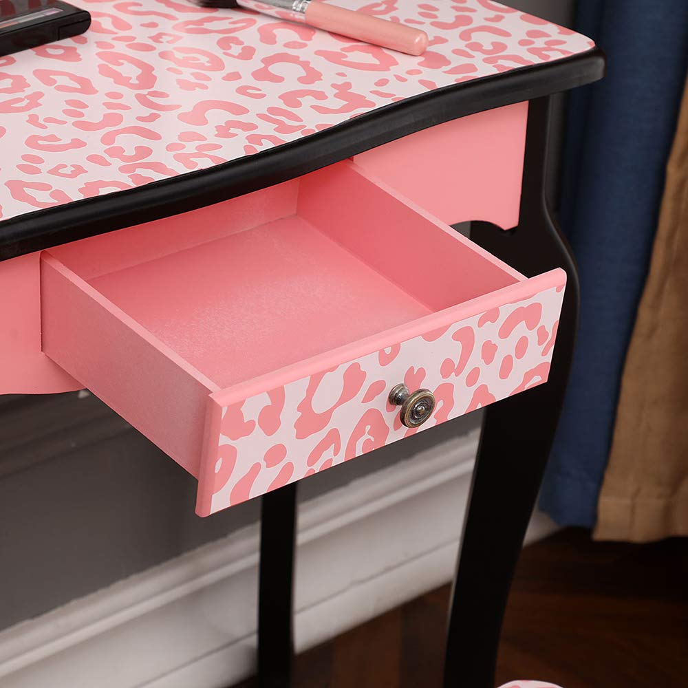 Guangshuohui Vanity Set with Mirror and Stool for Girls, Makeup Dressing Table with Drawer, Make Up Vanity Desk Princess Vanity Table for Girls (Red Leopard Print)